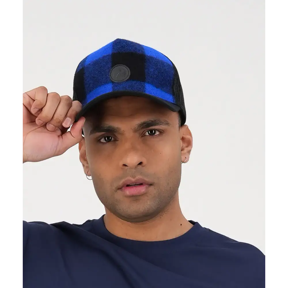 Blue Wool Trucker Cap with Brand Patch and Snap Back Adjustment