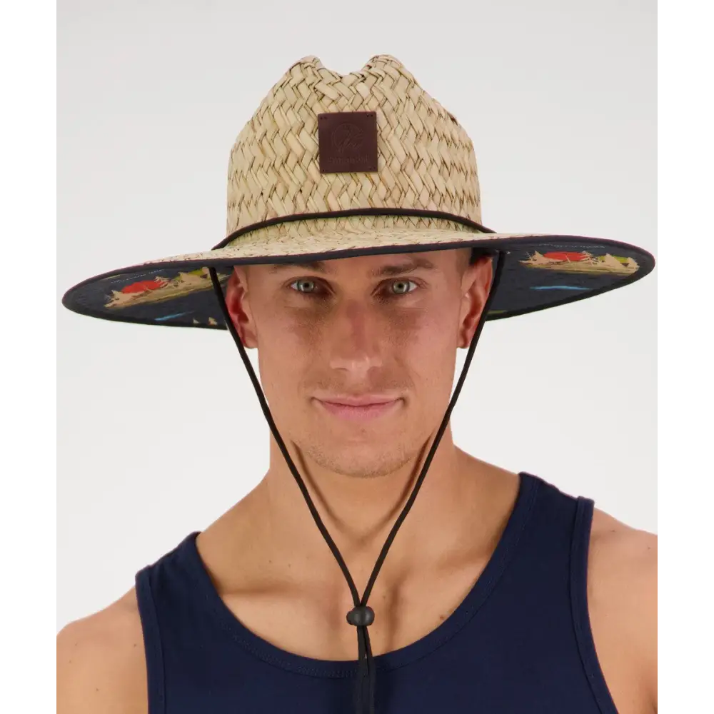 Whangamata Straw Hat Black with Leather Badge and Drawcord - 100% Woven ...
